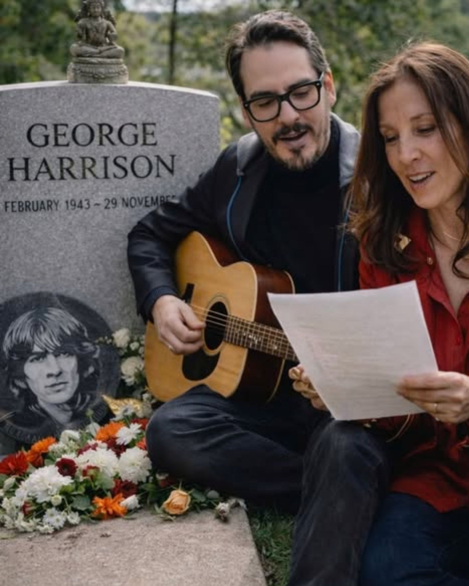 Olivia and Dhani Harrison stood quietly beside George’s grave at Friar ...